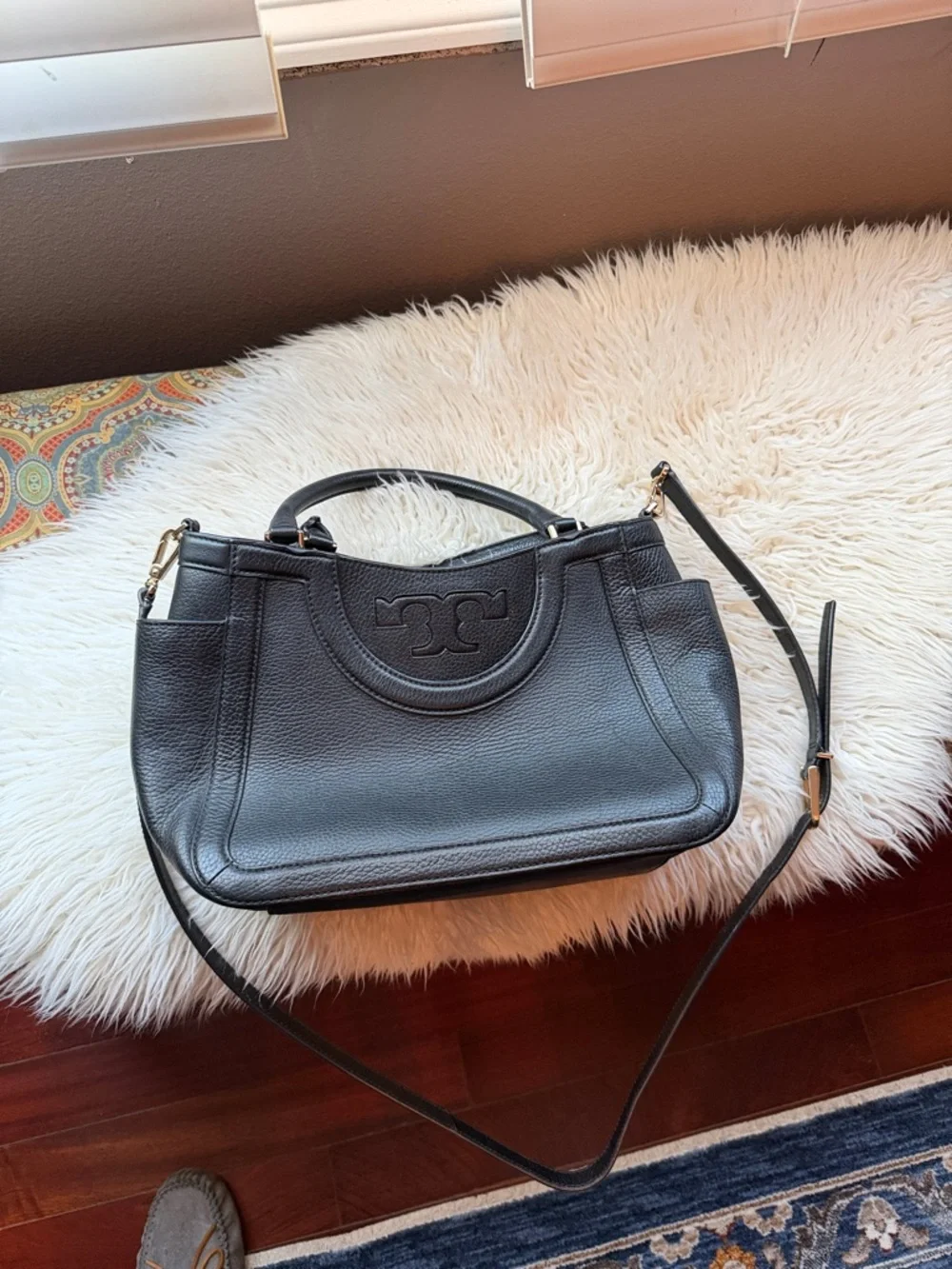 Tory Burch | Bags | Tory Burch Black Pebbled Leather Tophandle Satchel ...